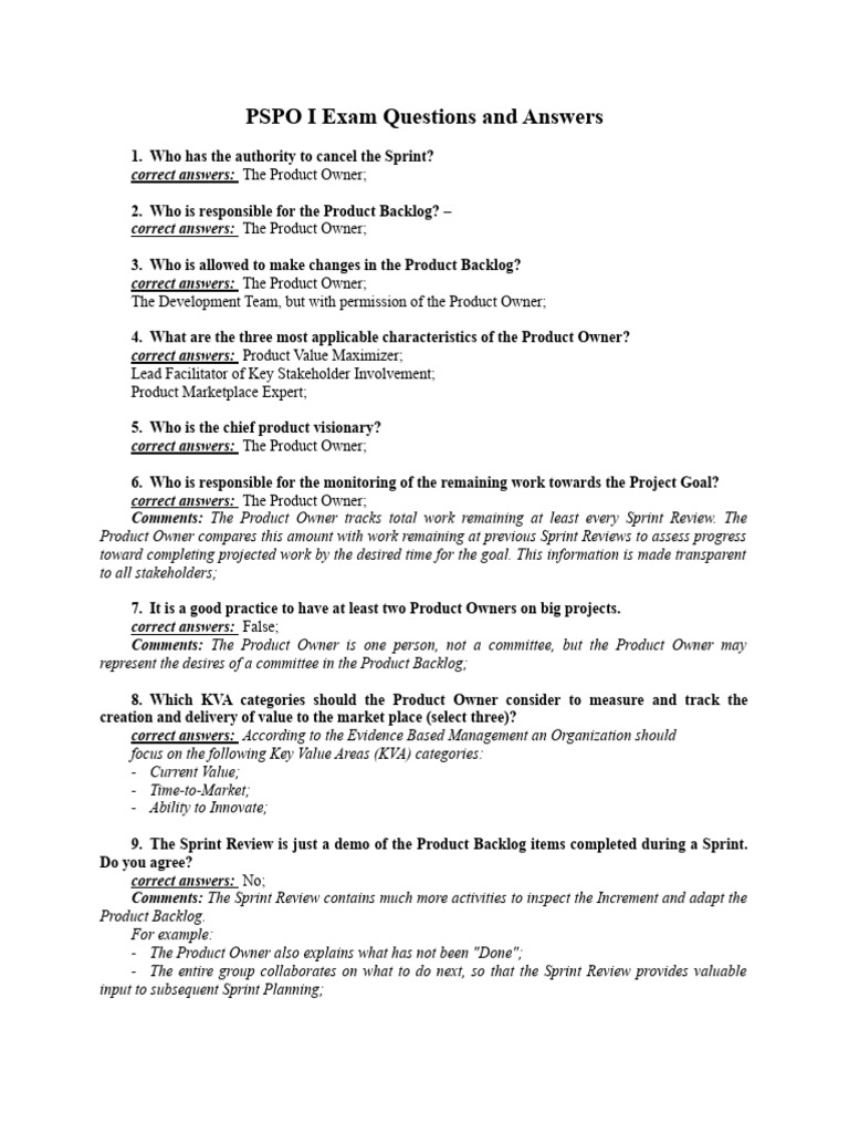 PSPO I Exam Questions and Answers | PDF | Scrum (Software Development ...
