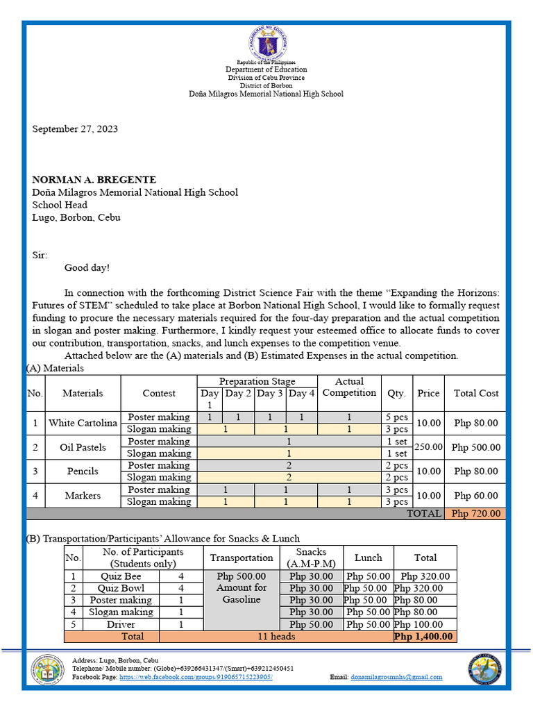 LETTER REQUEST For Science Fair Budget | PDF