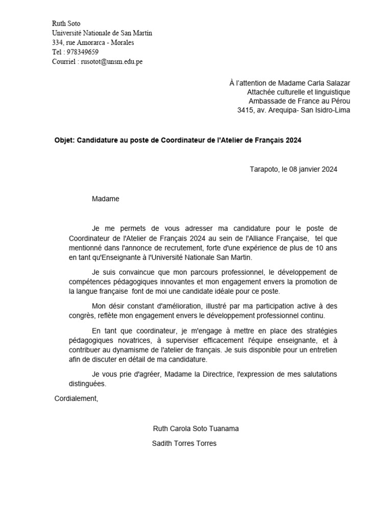 Candidature Coordinateur Atelier Français 2024 | PDF