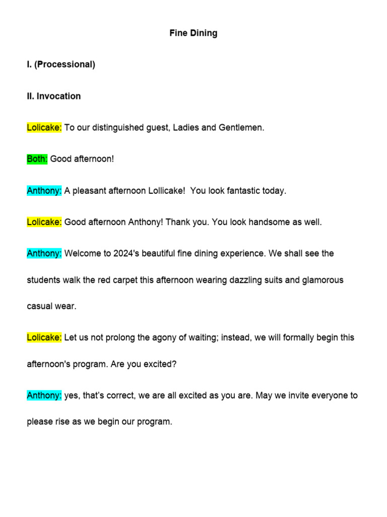 Script for fine dining | PDF