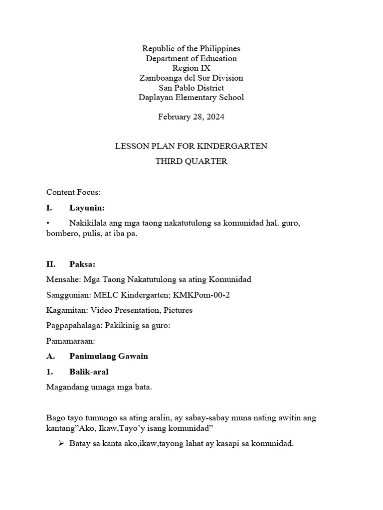 COT 3 LESSON PLAN FOR KINDERGARTEN | PDF