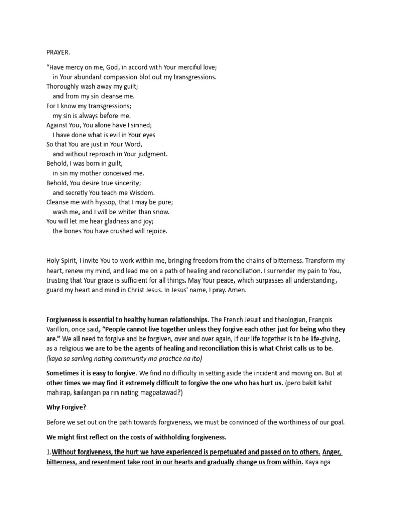 Forgiveness Is Essential To Healthy Human Relationships | PDF ...