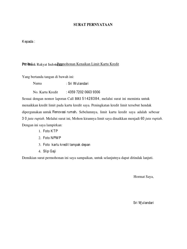 Surat Pernyataan Kenaikan Limit Kartu Kredit | PDF Surat Pernyataan Kenaikan Limit Kartu Kredit | PDF
