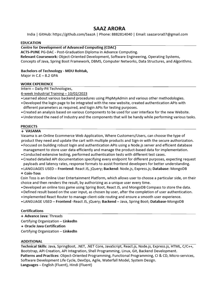 Saaz ATS Original Resume | PDF | Databases | Java (Programming Language)