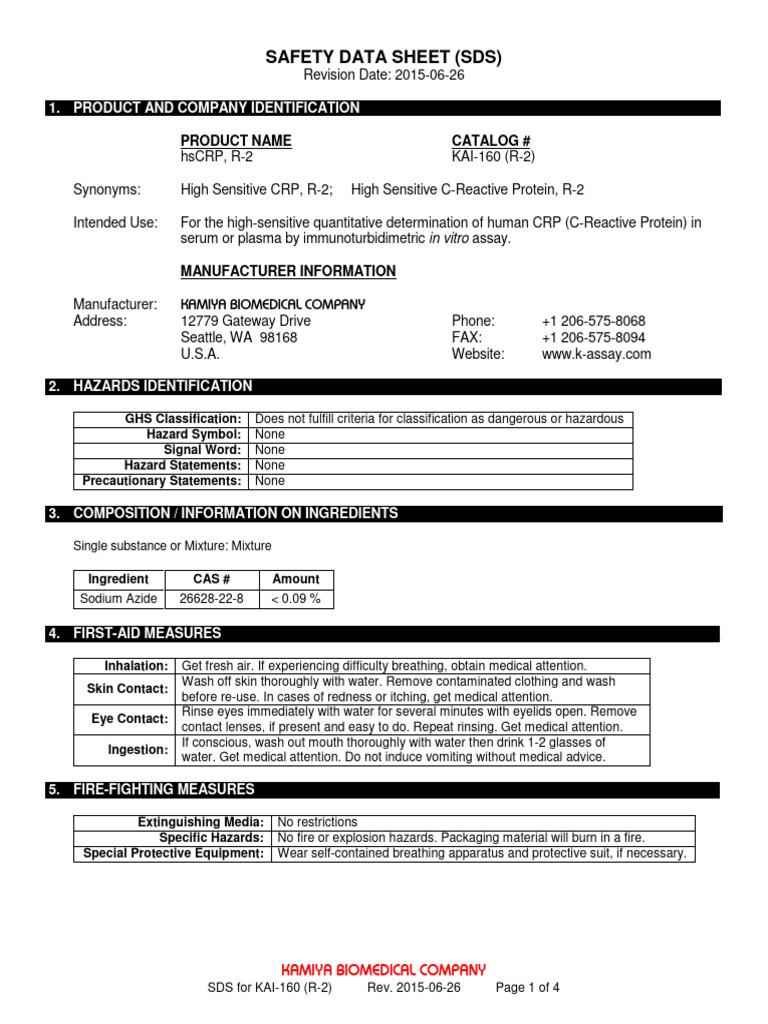 KAMIYA - KAI-160 - SDS R2 - HSCRP | PDF | C Reactive Protein ...