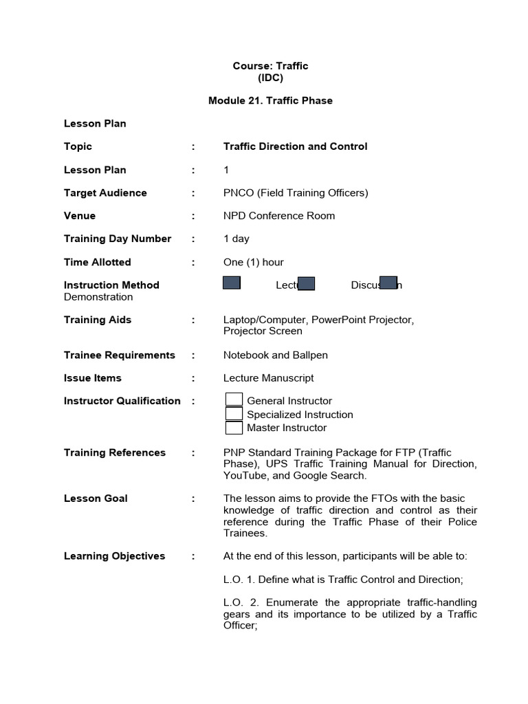 Traffic Direction and Control (IDC Demo Lesson Plan) | PDF | Traffic | Hand