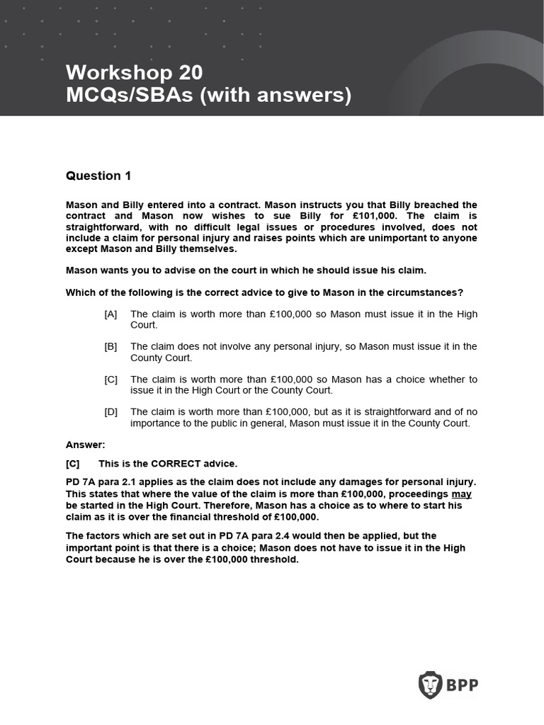 BTC Civil WS 20 MCQs (With Answers) | PDF | Costs In English Law ...