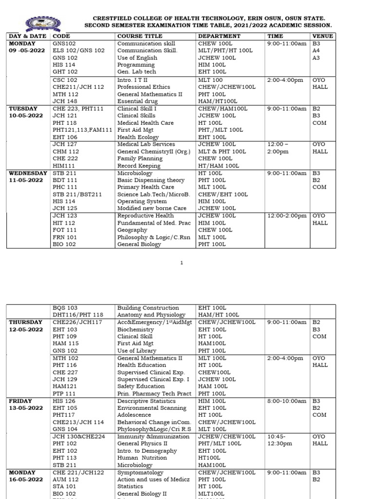 100L Exam Time Table 2021-2022p | PDF | Health Care | Medicine