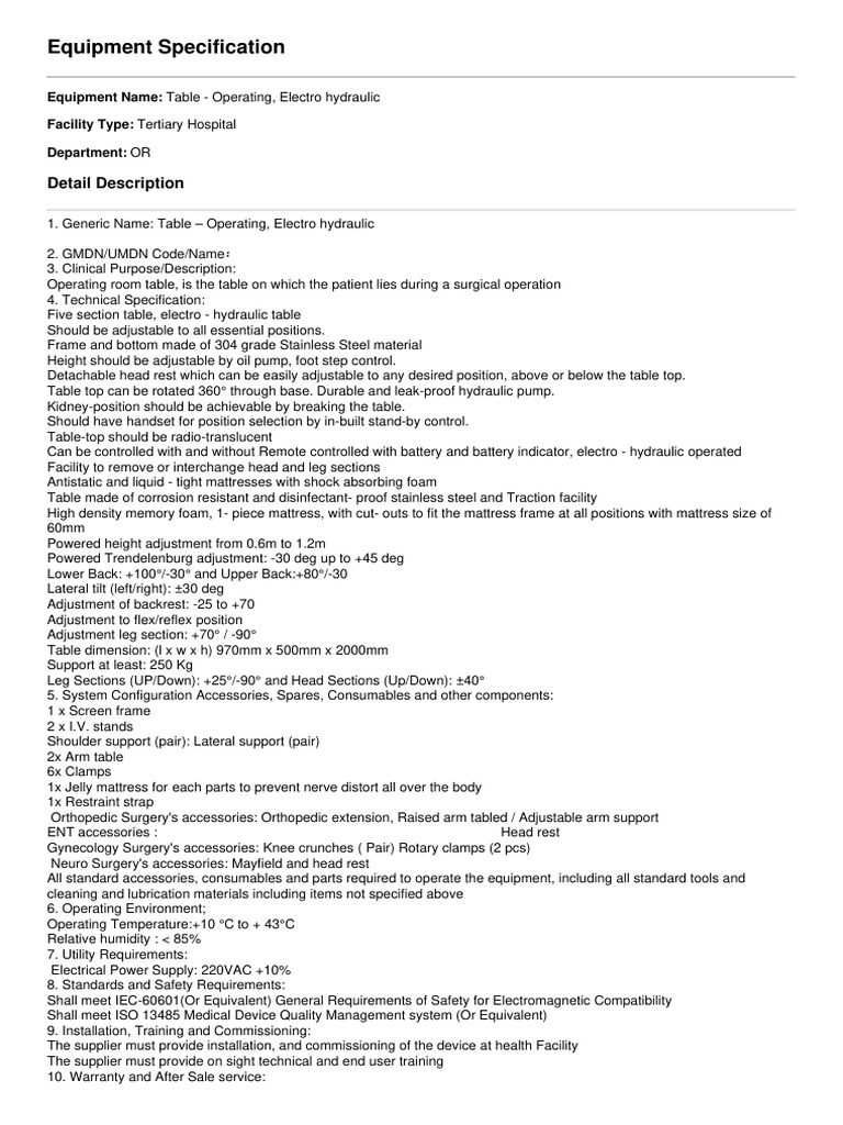 Equipment Specification | PDF | Surgery | Stainless Steel