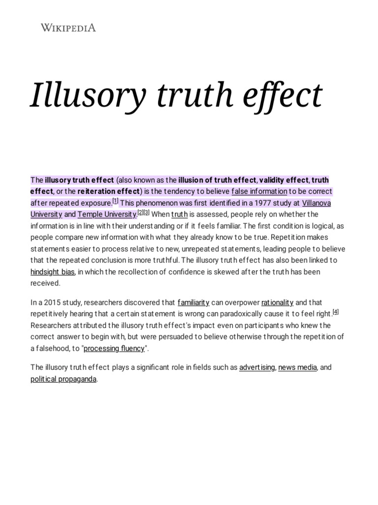 Illusory Truth Effect - Wikipedia | PDF | Behavioural Sciences | Ignorance