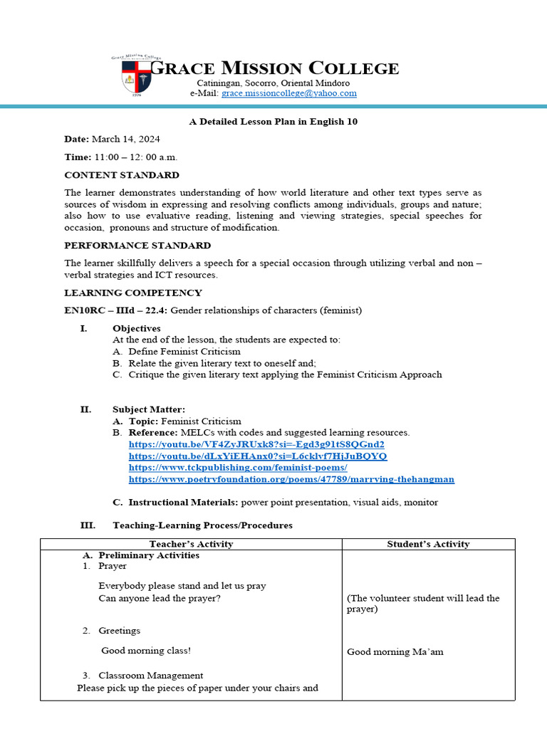 English 10 Lesson Plan: Feminist Criticism | PDF | Gender Studies ...