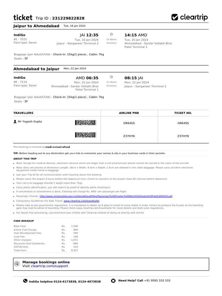 Cleartrip Flight Domestic E-Ticket | PDF | Transport | Aviation