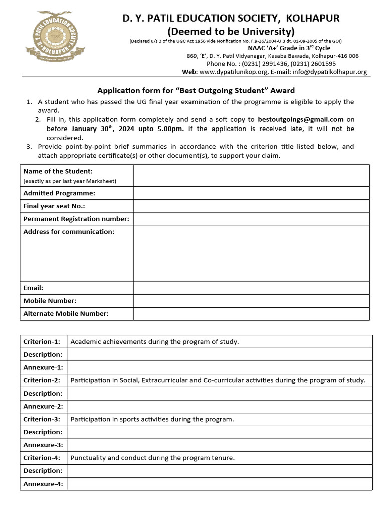 Application Form For Best Outgoing Student Award | PDF