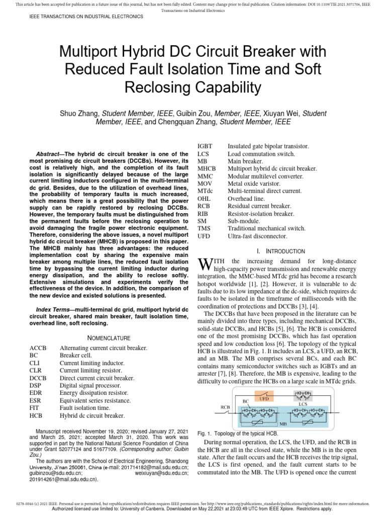 Multiport Hybrid Dc Circuit Breaker With Reduced Fault Isolation Time And Soft Reclosing