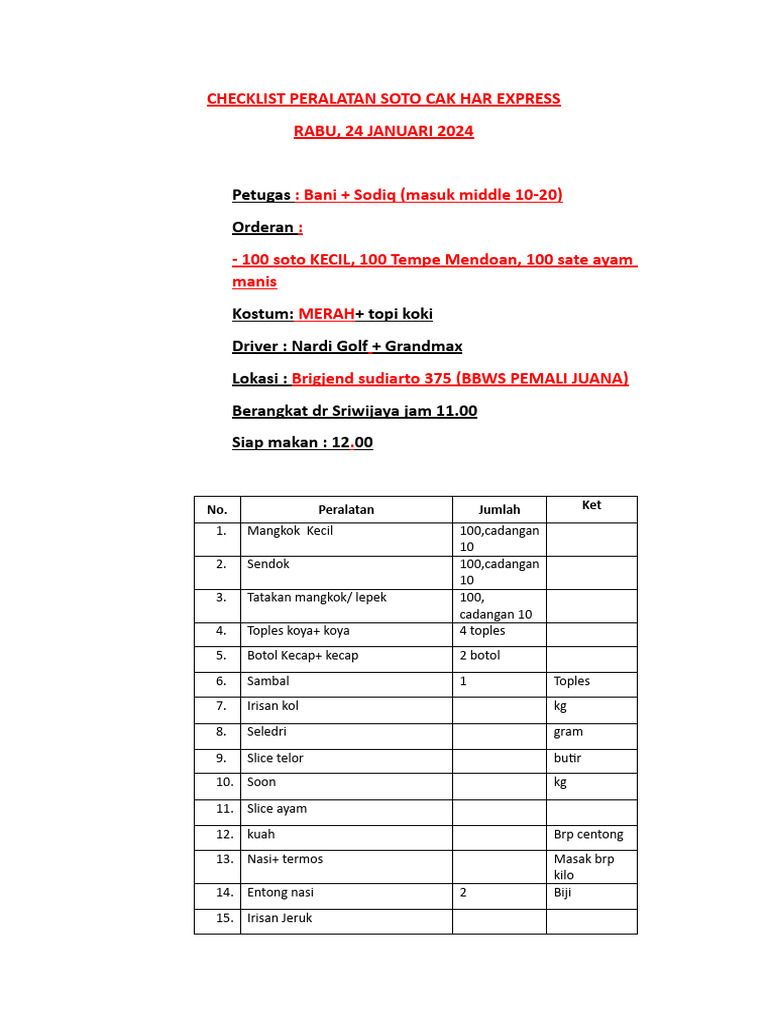 CHECKLIST PERALATAN SOTO CAK HAR EXPRESS 24 Januari 2024 | PDF