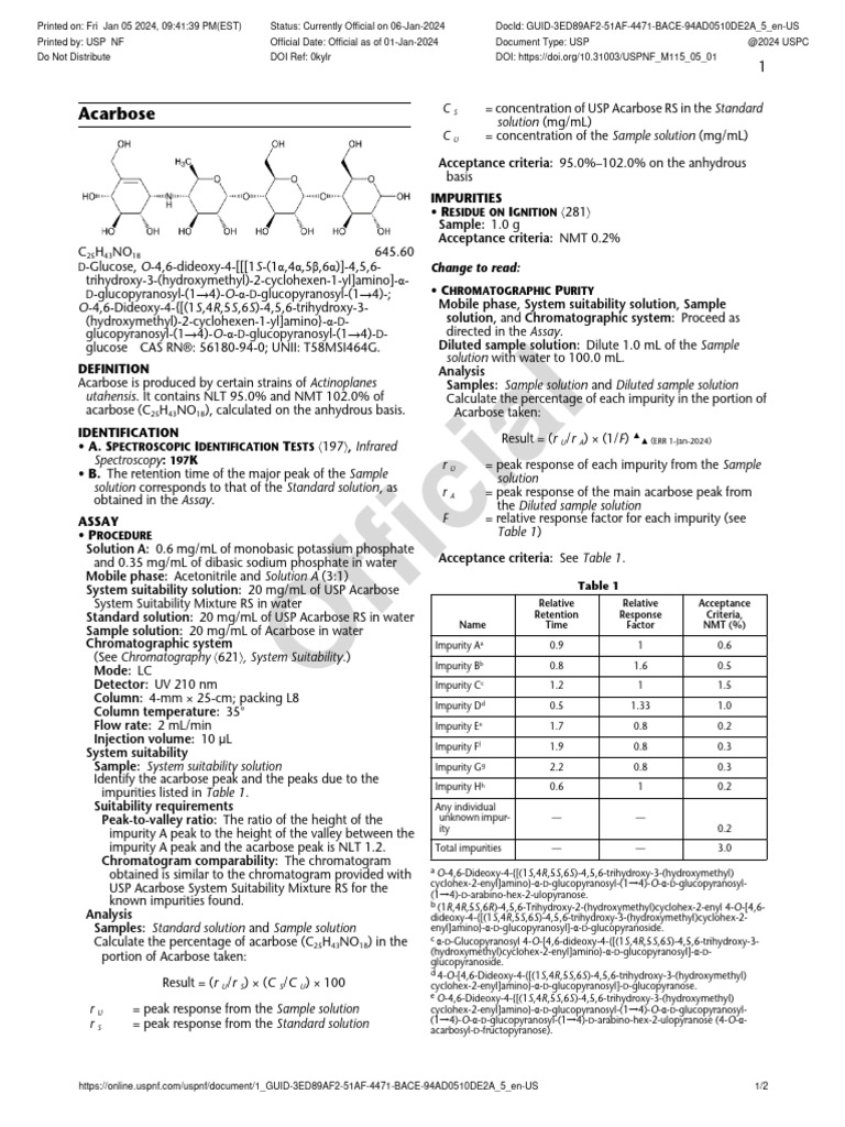 Acarbose USP | PDF | Chromatography | Analytical Chemistry Acarbose USP | PDF | Chromatography | Analytical Chemistry