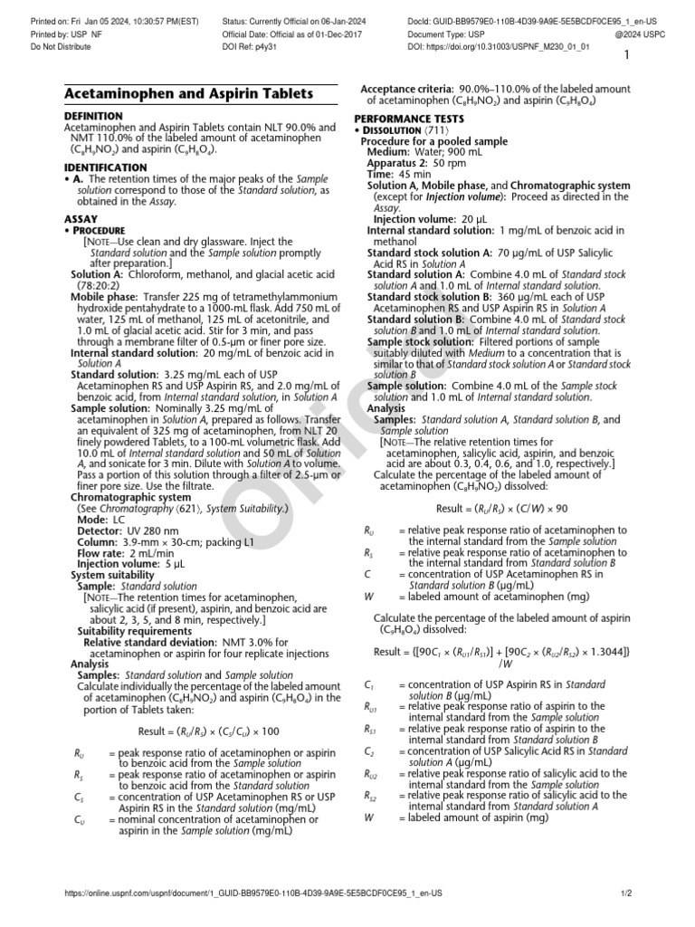 Acetaminophen and Aspirin Tablets - USP | PDF | Aspirin | Acid