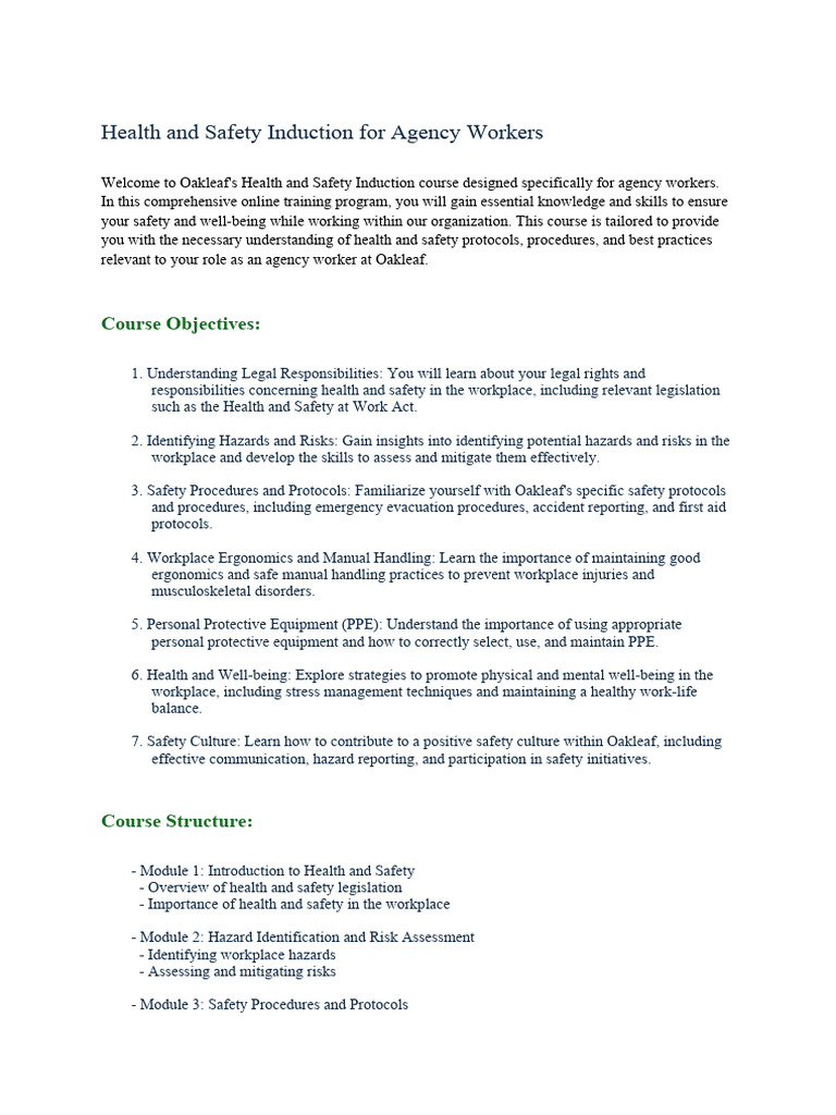 Health and Safety Induction For Agency Workers | PDF | Occupational Safety And Health | Personal ...