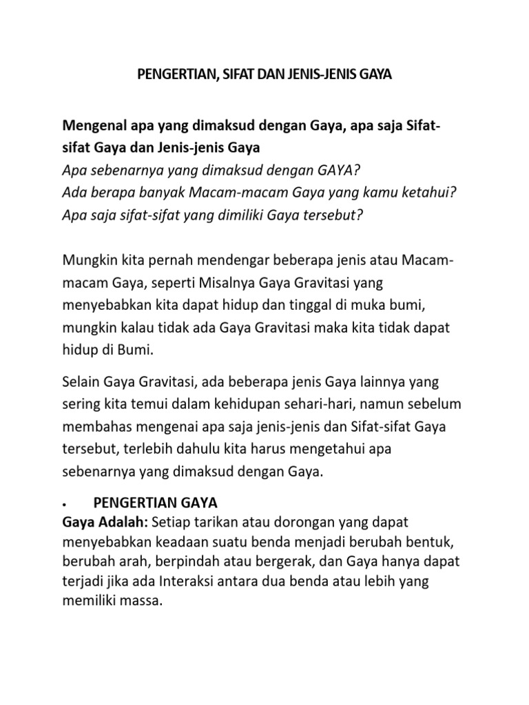 Pengertian Sifat Dan Jenis Jenis Gaya | PDF