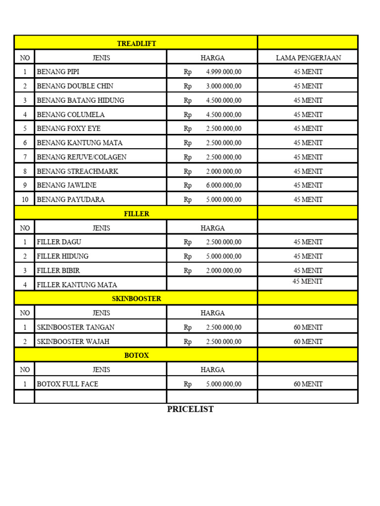 Pricelist (Treadlift, Filler, Botox, Skinbooster) | PDF