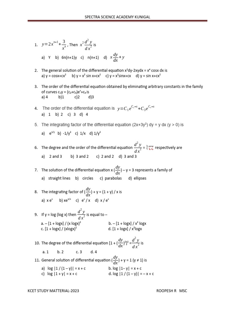 KCET Differential Equations Guide | PDF | Equations | Differential ...