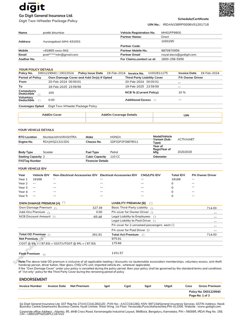 Go Digit Two-Wheeler Insurance Policy | PDF | Insurance | Business Law