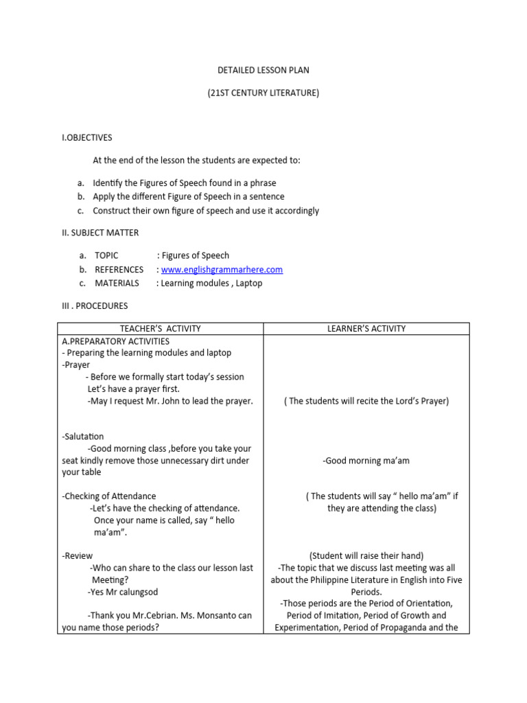 Detailed Lesson Plan | PDF | Metaphor | Irony