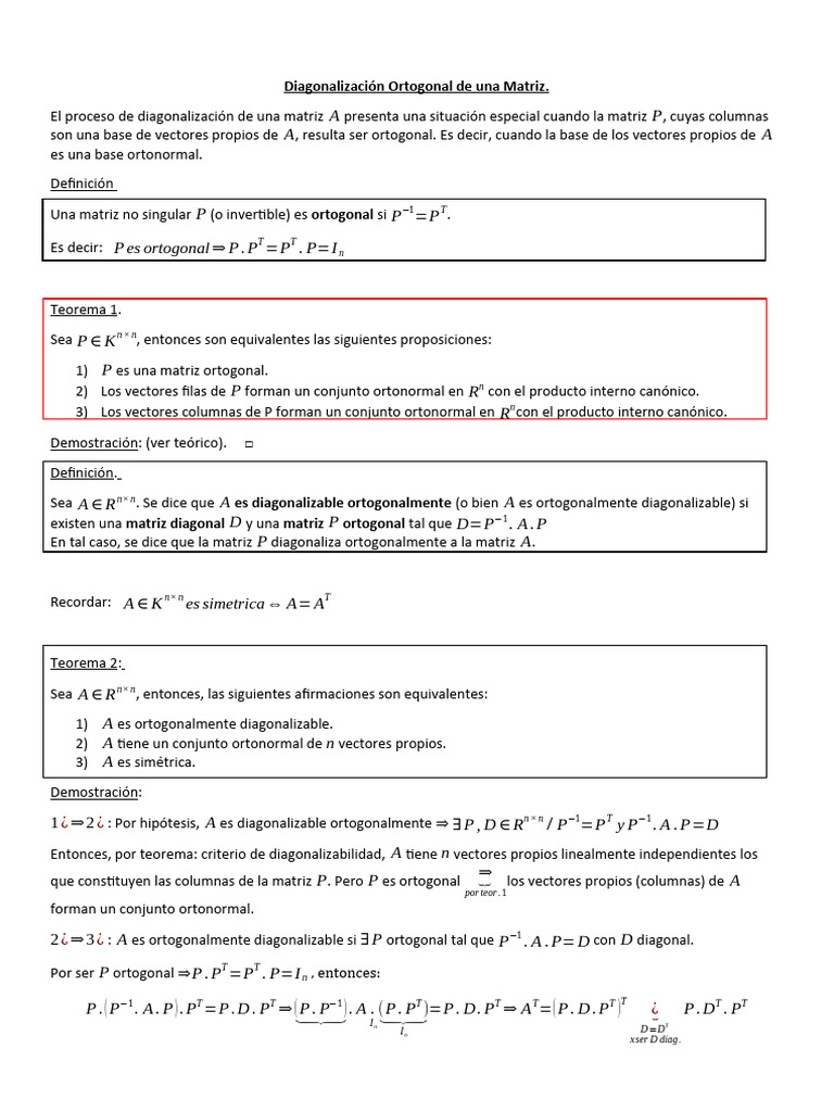 Diagonalización Ortogonal de una Matriz | PDF | Valores propios y ...