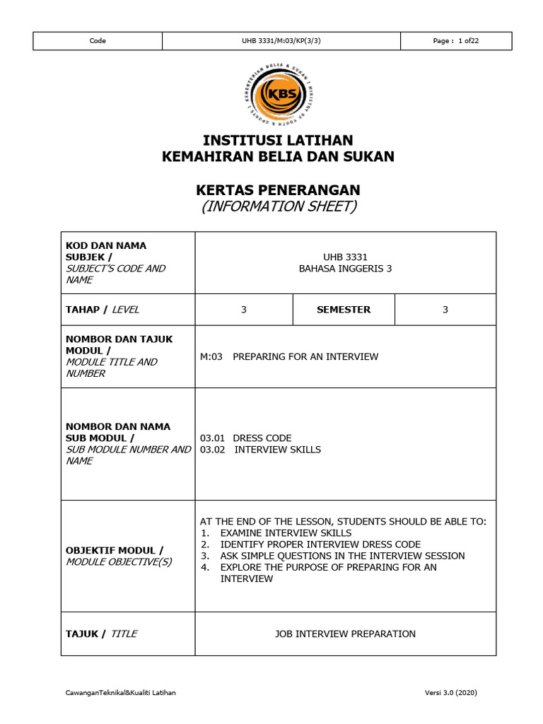 Information Sheet Uhb 3331 (M3) | PDF | Interview | Job Interview