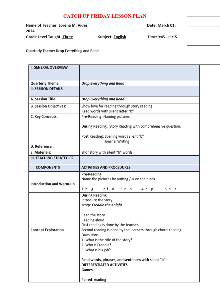 Catch Up Friday Lesson Plan-March 4, 2024 | PDF | Lesson Plan ...