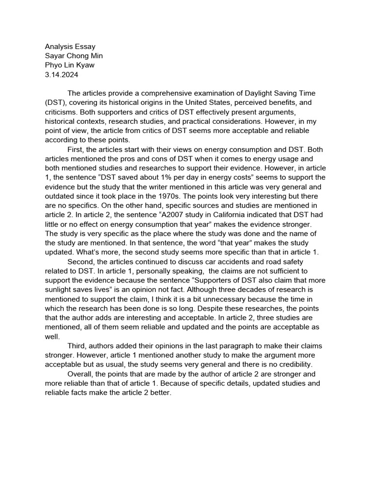 Analysis Essay (SFA) | PDF | Daylight Saving Time