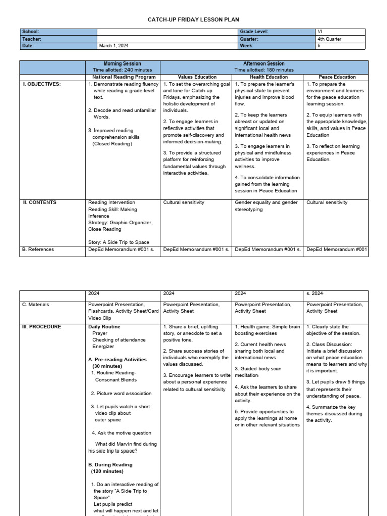 Grade 6 CUF Lesson Plan March 1 2024 | PDF | Learning | Reading Comprehension