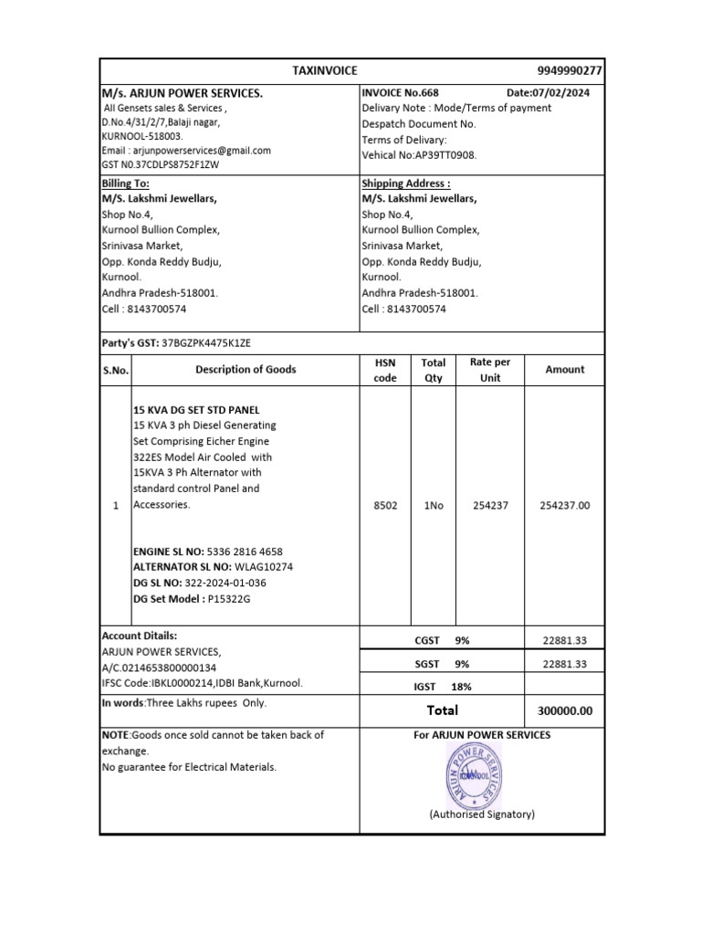 15 KVA DG Invoice Bill | PDF
