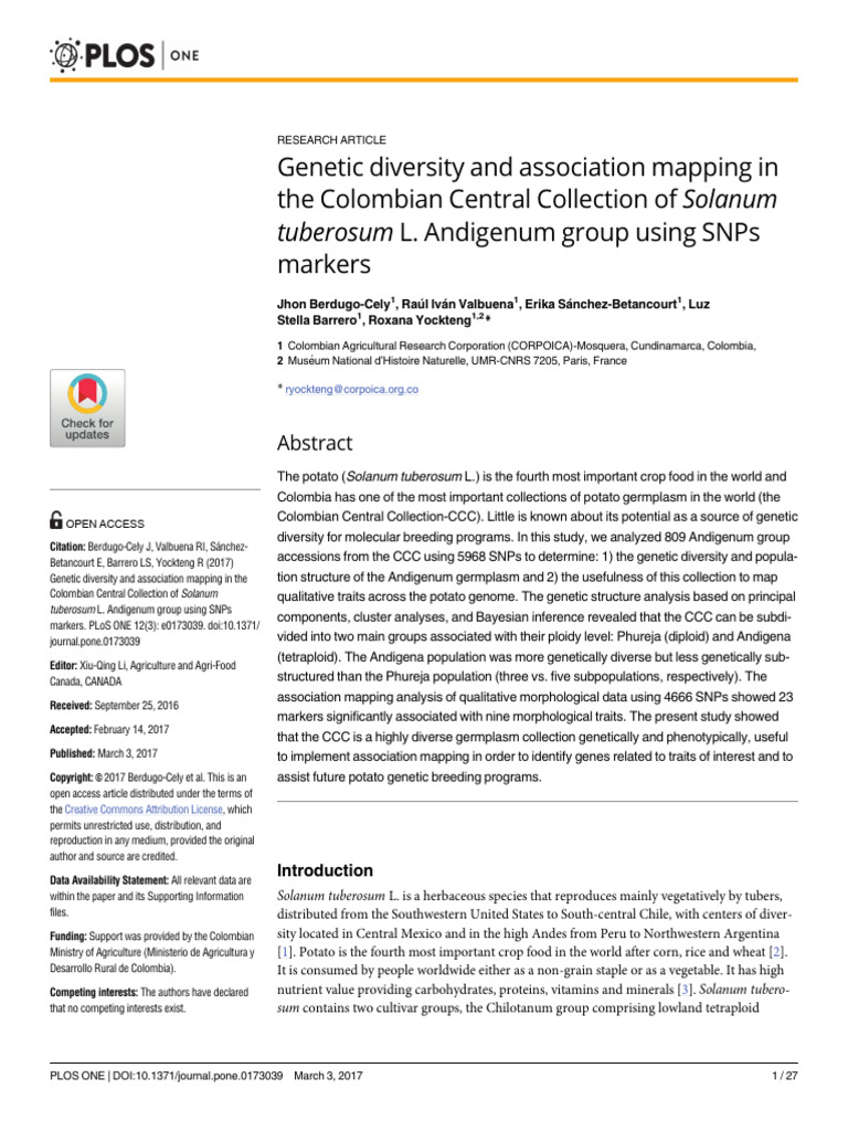 Genetic Diversity and Association Mapping in The Colombian Central Collection of Solanum ...