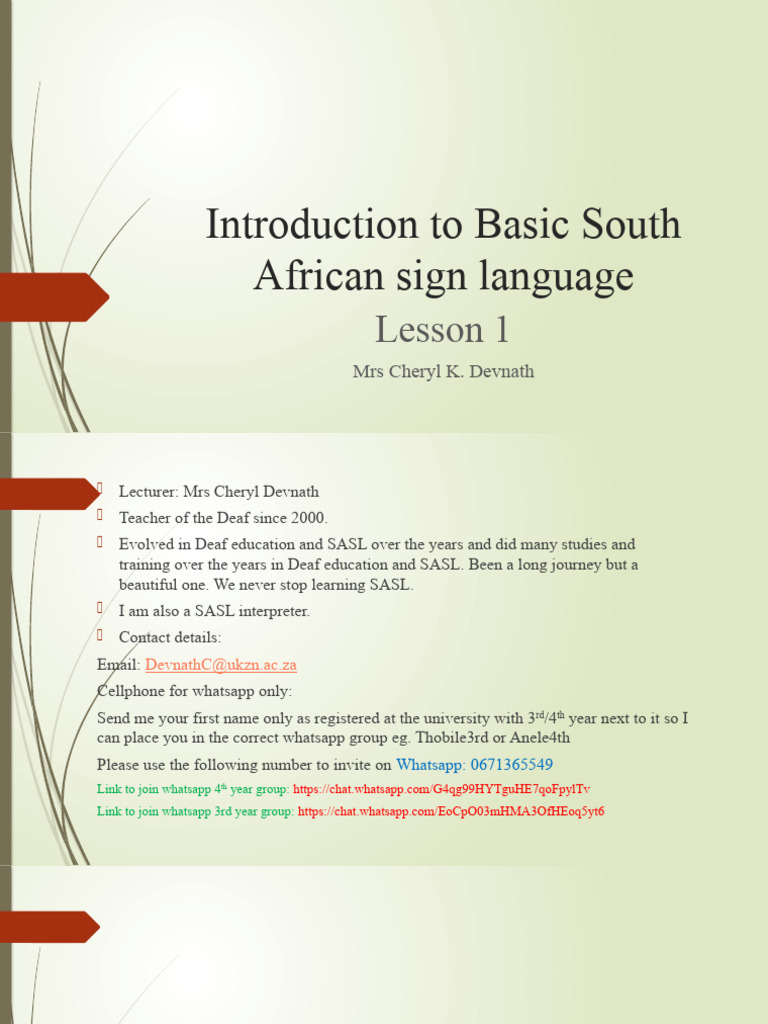 Lesson 1 Introduction To Basic South African Sign Language Lesson 1 ...