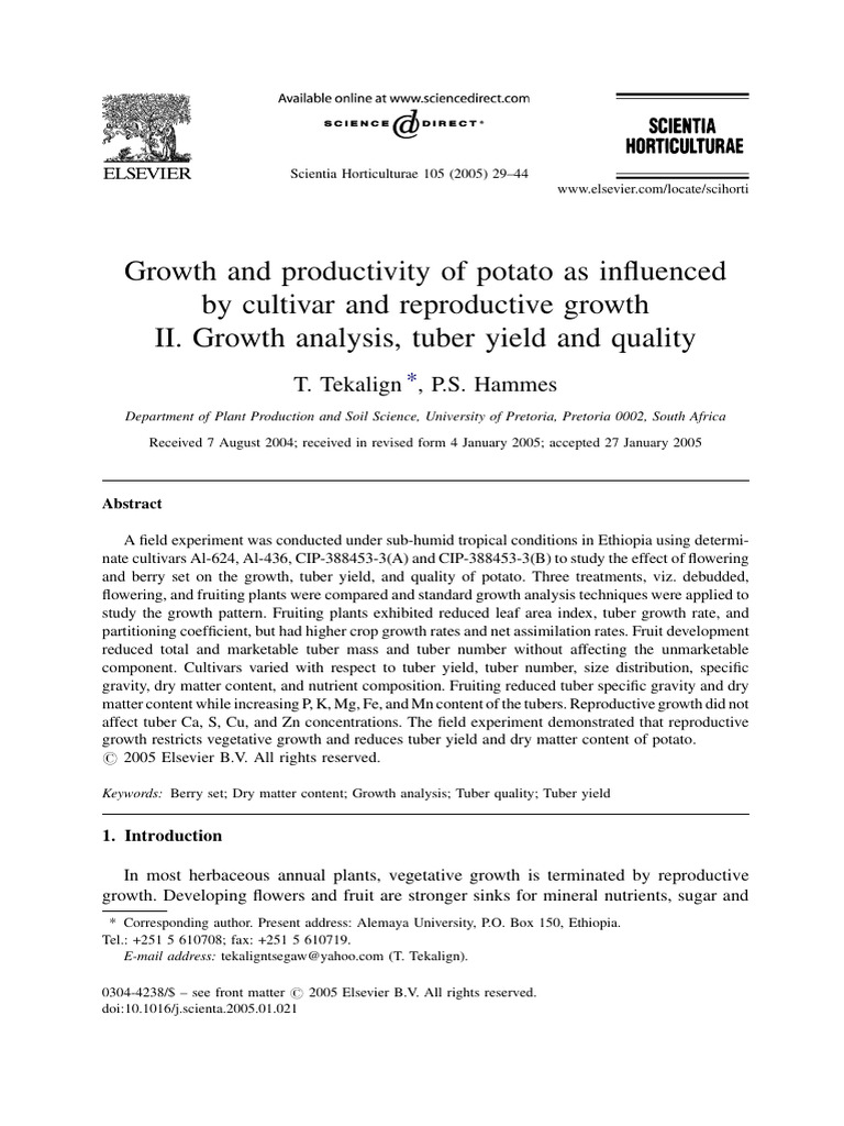 Growth and Productivity of Potato As Influenced by Cultivar and ...