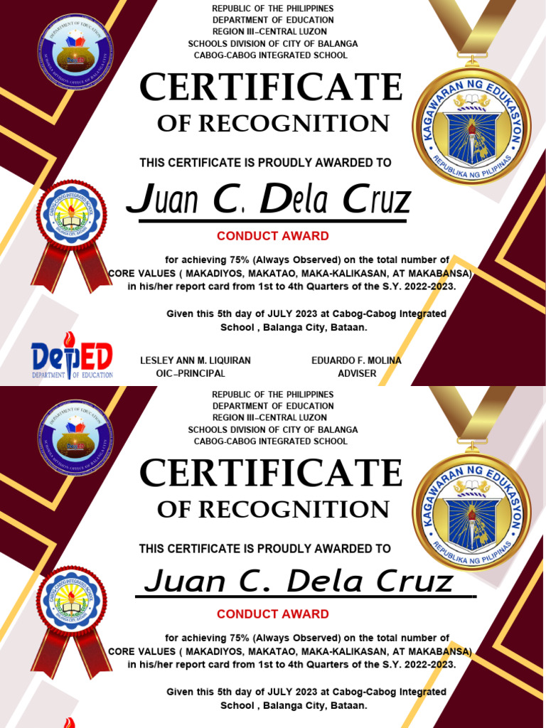 Conduct Award Certificate Template | PDF | Social Science