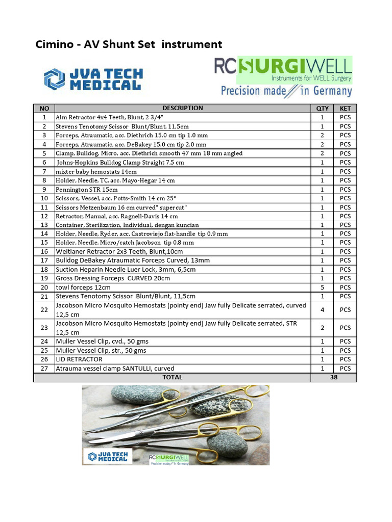Cimino - AV Shunt Set Instrument: NO Description QTY KET | PDF | Home ...