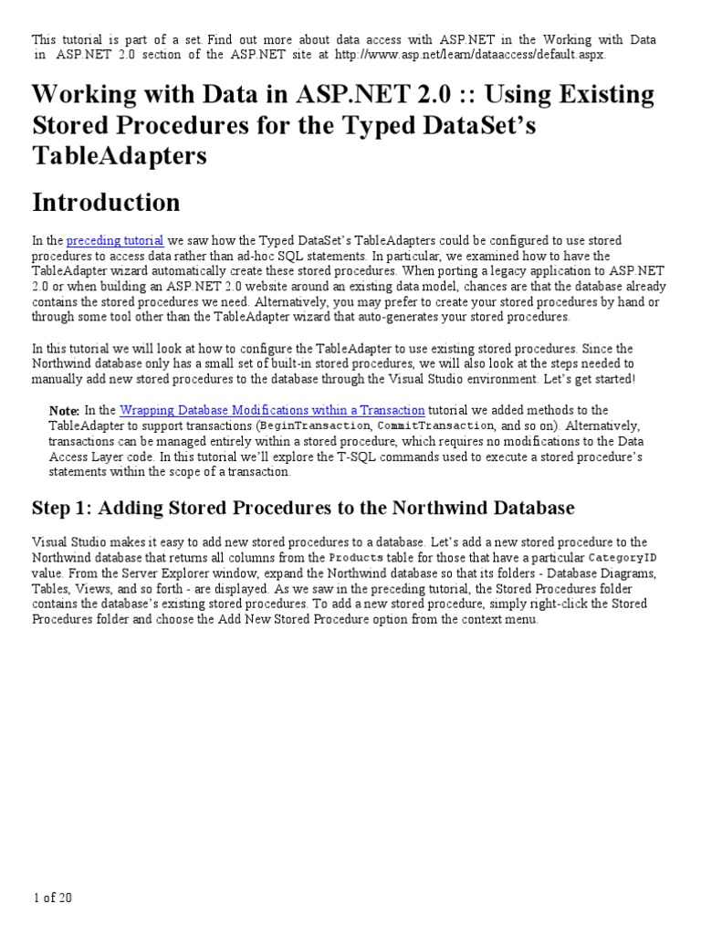 Stored Procedures For The Typed Datasets Tableadapters Pdf Database Transaction Microsoft