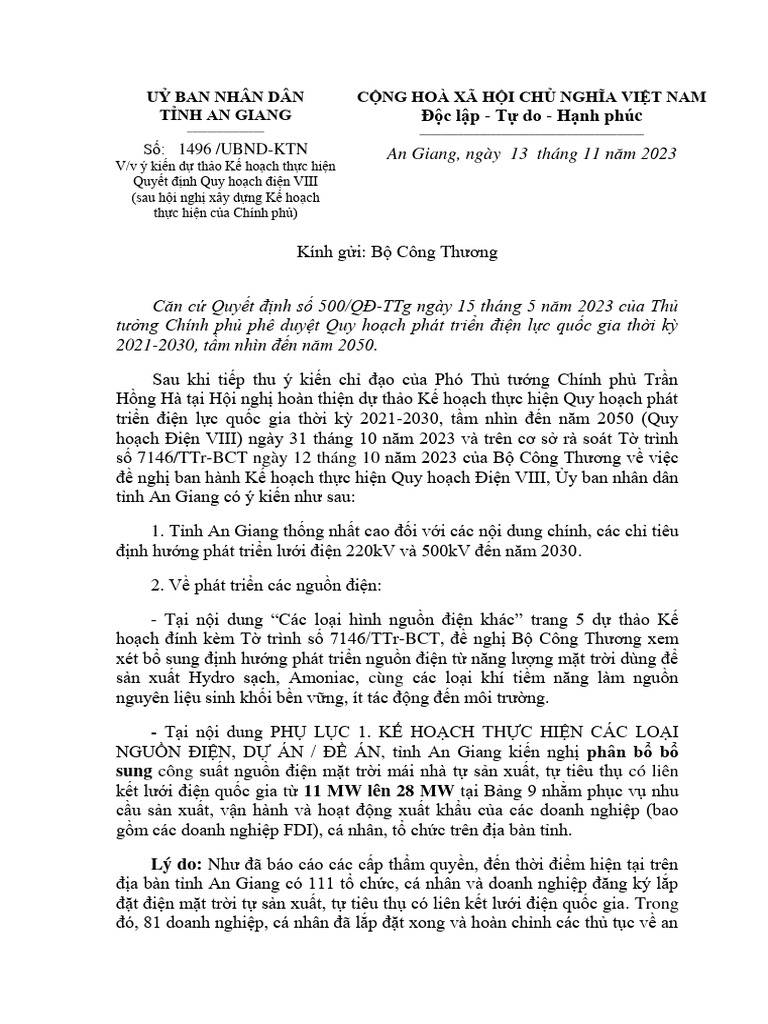 Signed-1496 - CV Ubt - Gui BCT Yk KH Thuc Hien Quy Hoach Dien Luc 8 | PDF