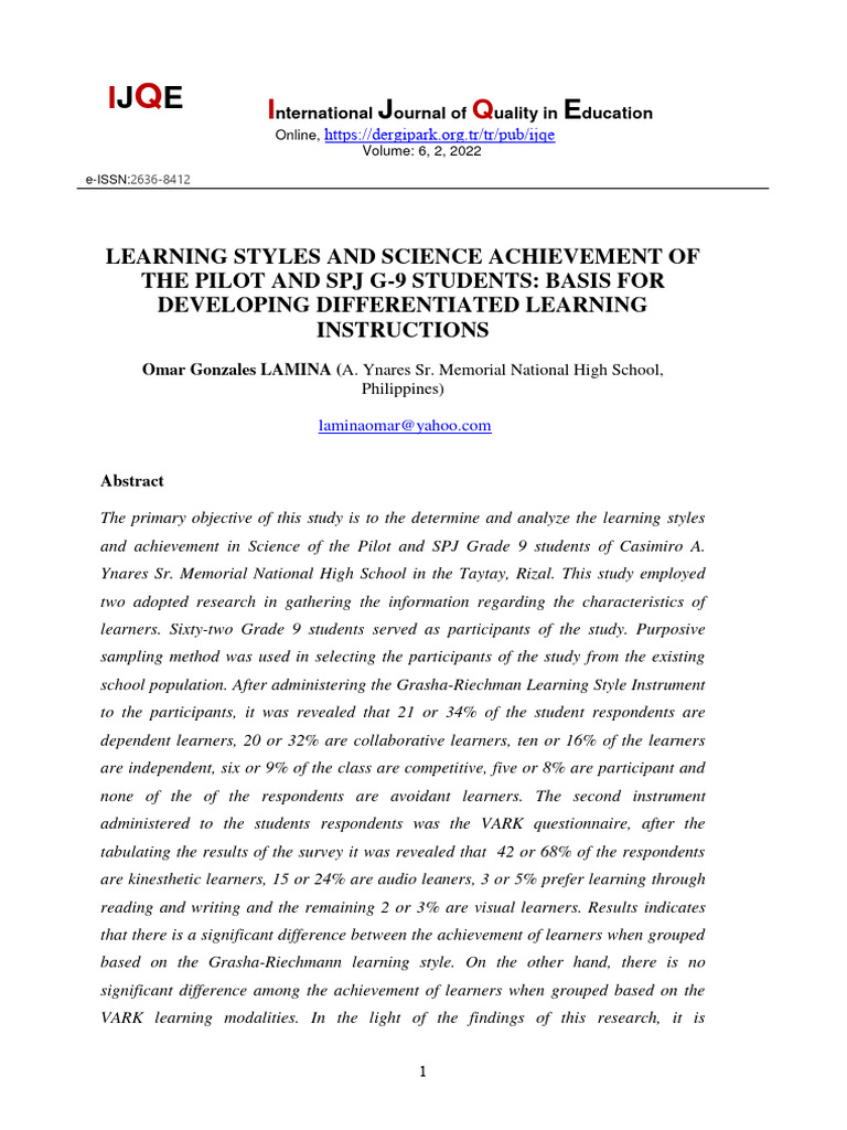 Learning Styles and Science Achievement of The Pilot and SPJ G-9 ...