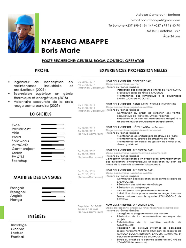 CV Boris MBAPPE CENTRAL ROOM CONTROL OPERATOR | PDF | Ingénierie