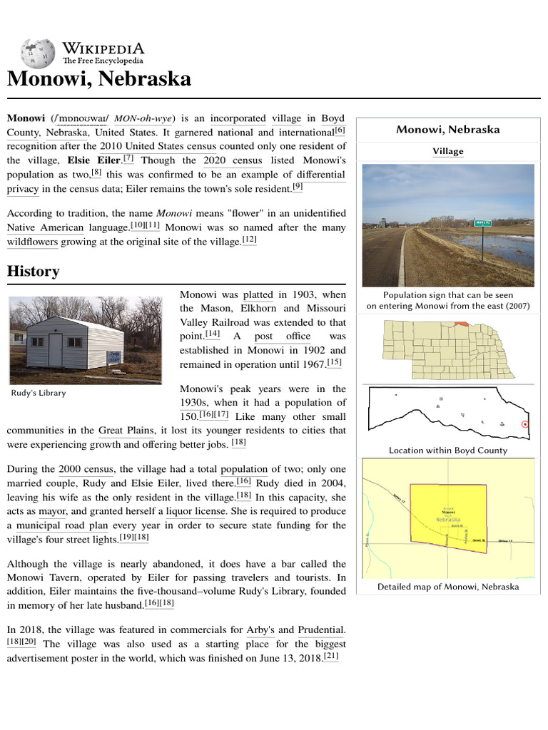 Monowi, Nebraska: The Smallest Town | PDF