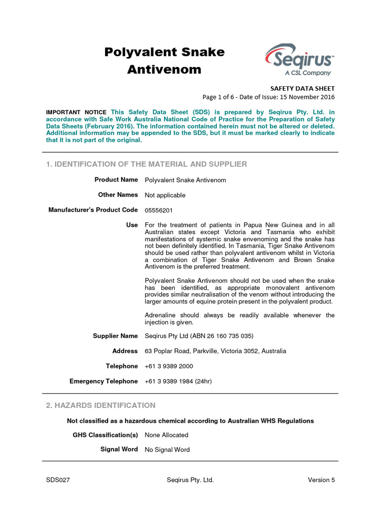 Polyvalent Snake Antivenom SDS | PDF
