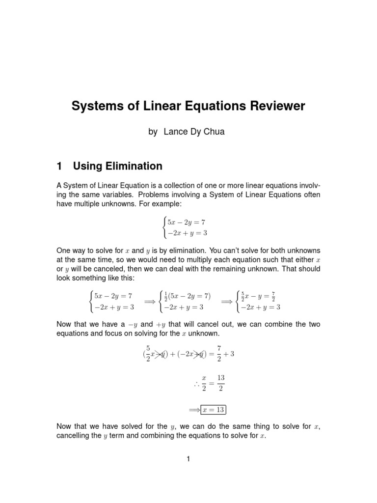 Systems Of Linear Equations Reviewer Pdf Matrix Mathematics Algebra