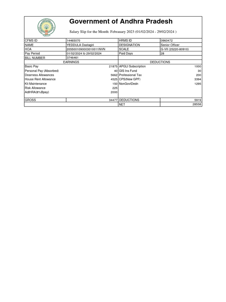 VRO Salary Slip - February 2023 | PDF