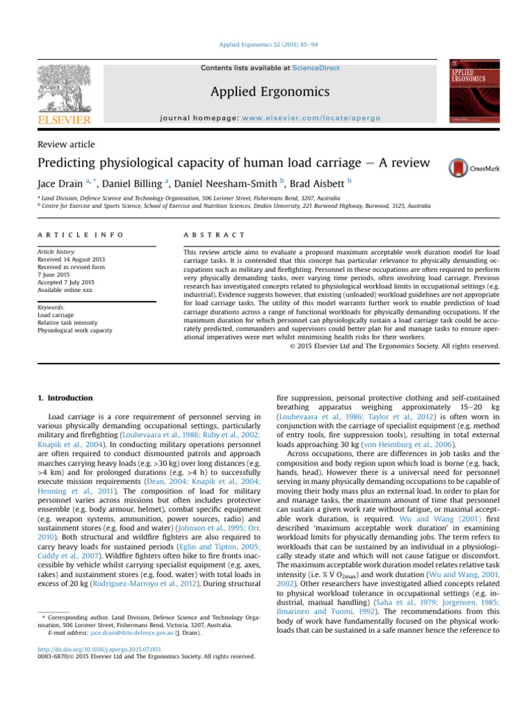 Predicting Physiological Capacity of Human Load Carriage - A Review | PDF | Workload | Human ...