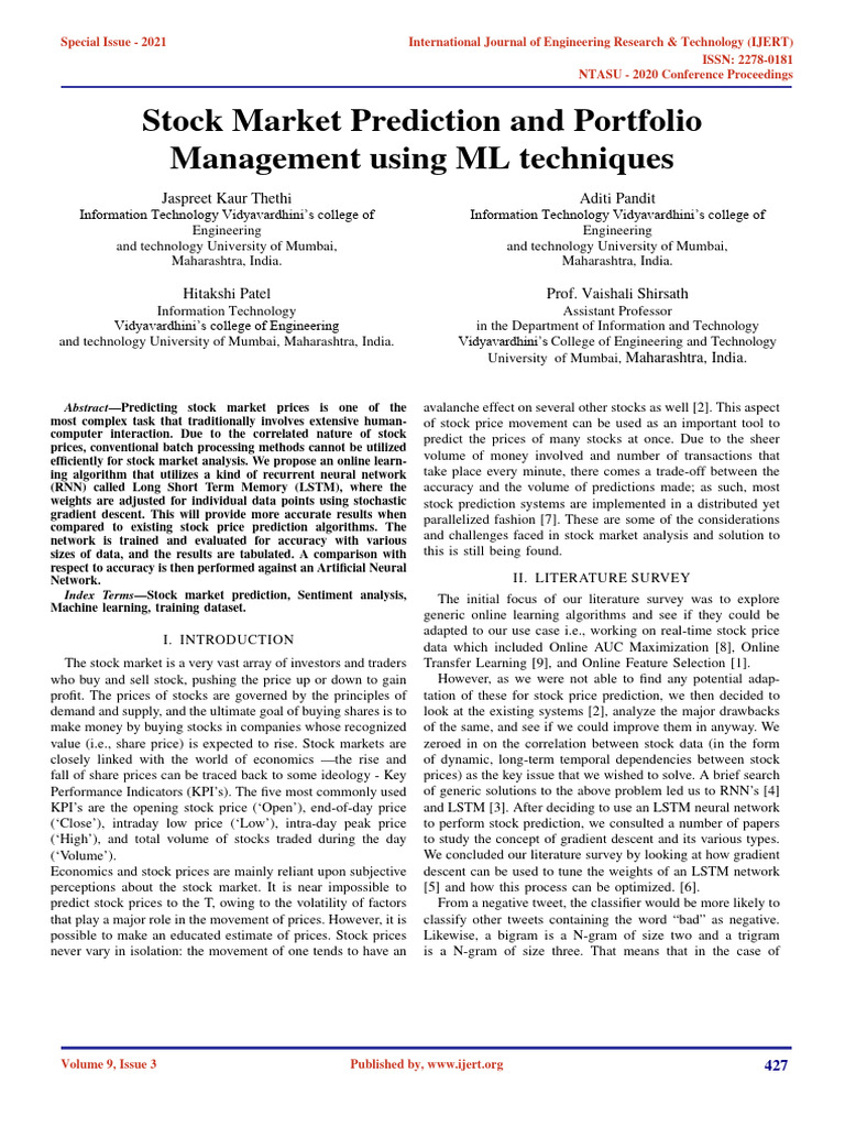Ijert Stock Market Prediction And Portfo Pdf Artificial Neural Network Machine Learning