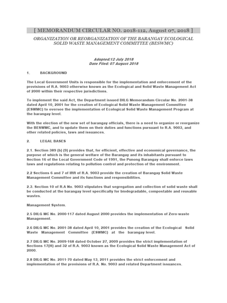Memorandum Circular No 112-2018 | PDF | Waste Management | Waste