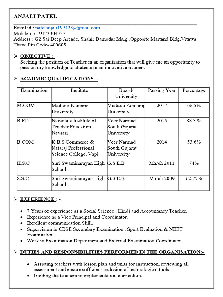Anjali CV.-1 | PDF | Teachers | Teaching